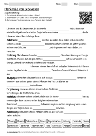 Arbeitsblatt mit QR-Code zum Thema "Merkmale von Lebewesen" | Unterricht.Schule